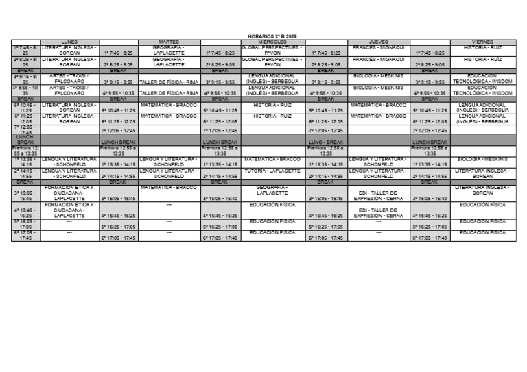 2B - HORARIOS - 2025 - Hoja - 1 6 | PDF