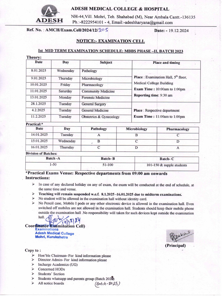 MID TERM Exam Schedule Batch 2023 | PDF