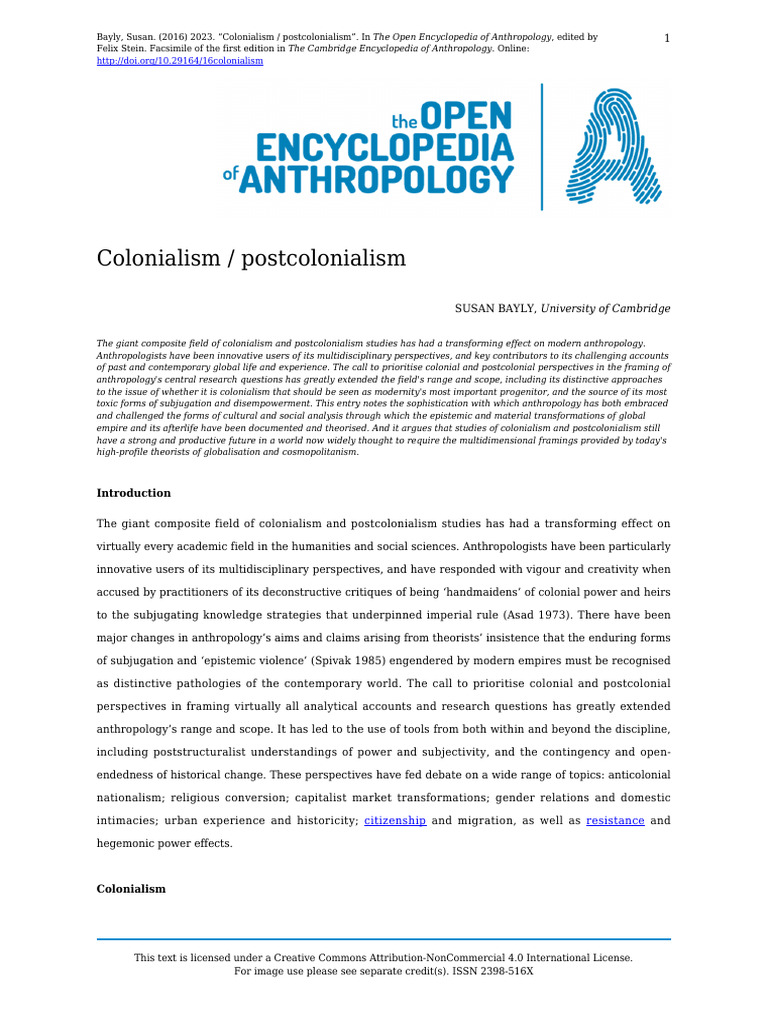 Susan - Bayly 2016 Colonialism - Postcolonialism Cea | PDF | Postcolonialism | Colonialism