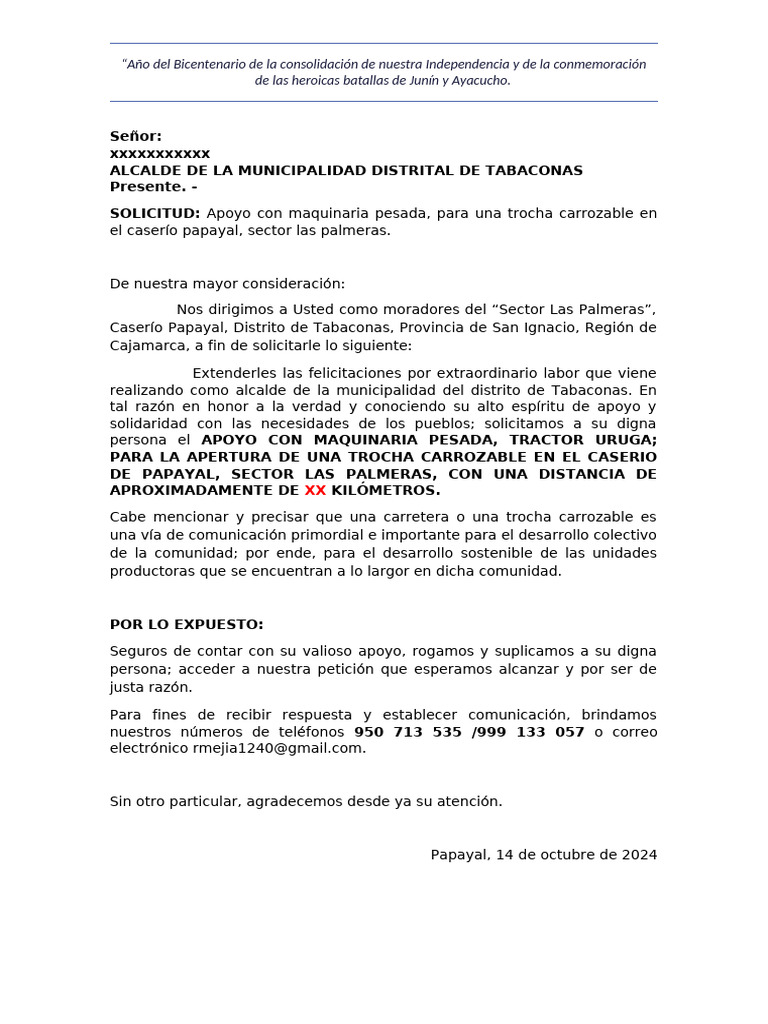 Solicitud Apoyo para Trocha Carrozable | PDF