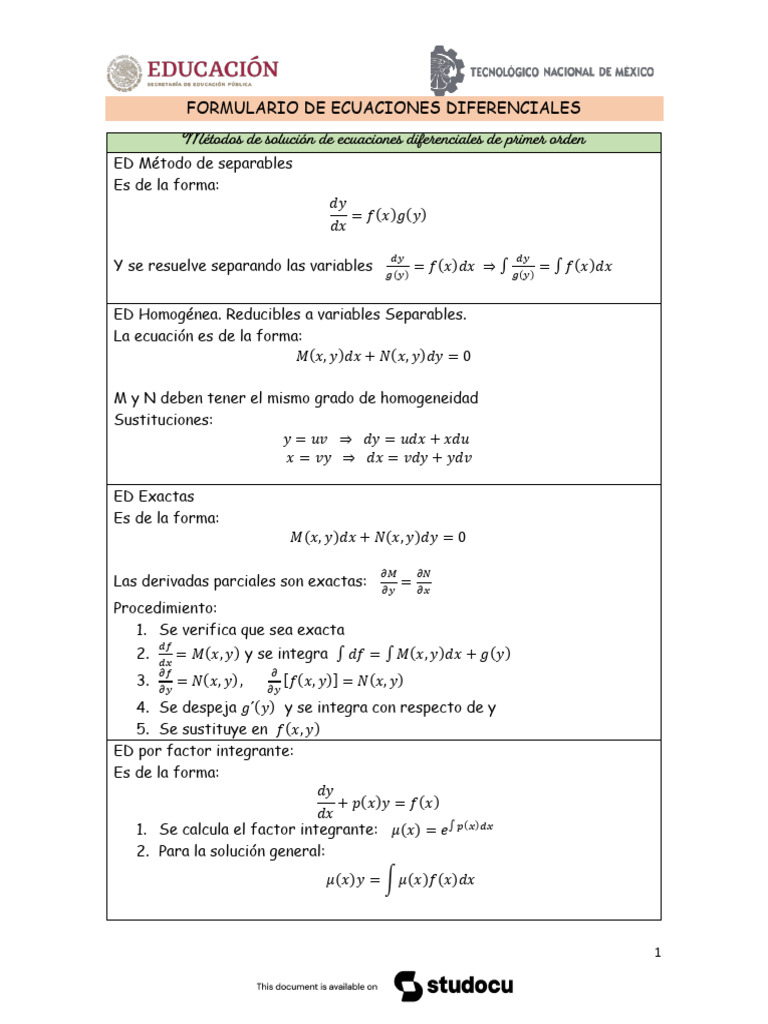 Formulario de Ecuaciones Diferenciales | PDF | Ecuaciones | Ecuaciones diferenciales