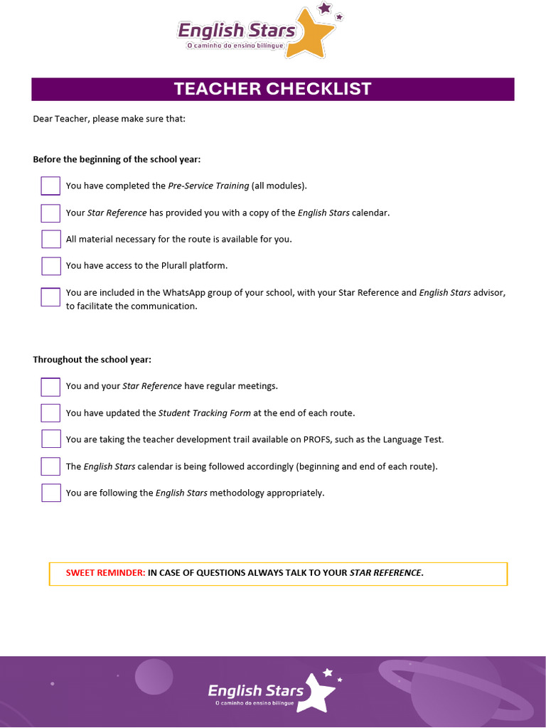 (English Stars) Teacher Checklist 2025 | PDF