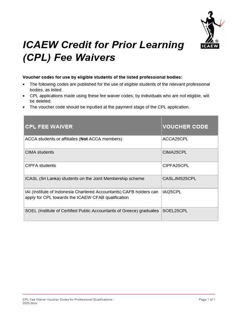 Fee Waiver Voucher Codes Professional Qualifications | PDF