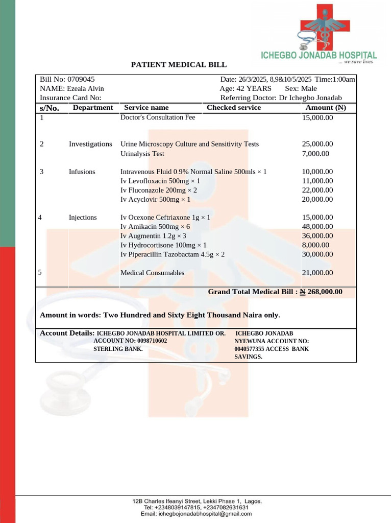 Ezeala Alvin Medical Bill | PDF