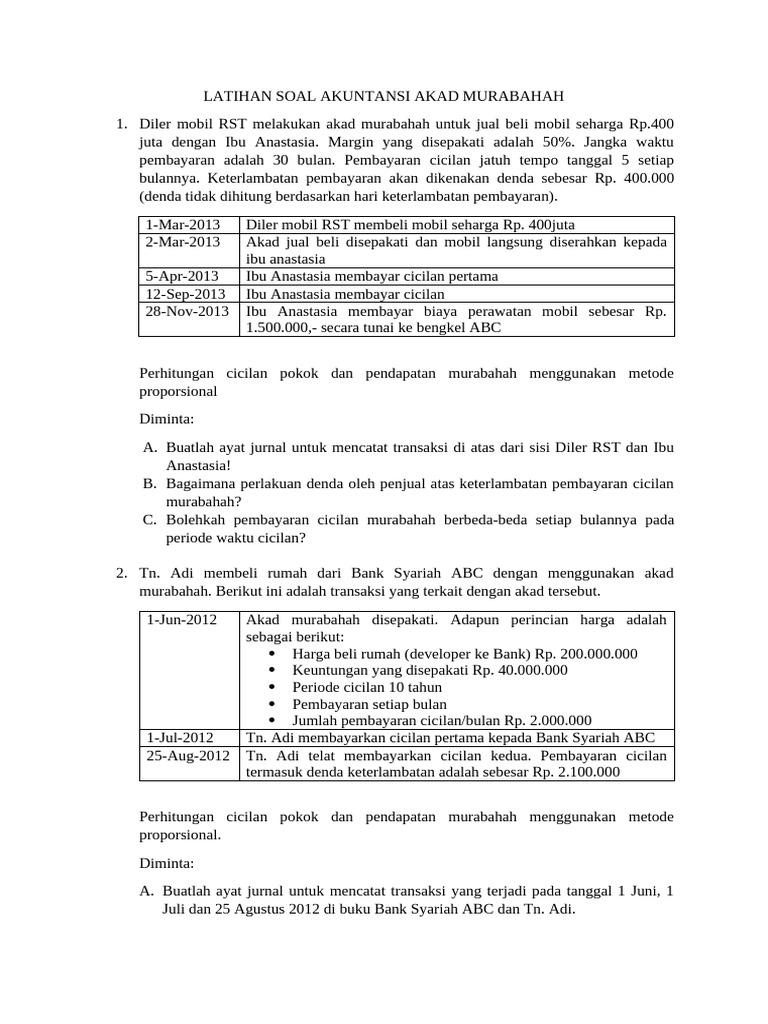 LATIHAN SOAL AKUNTANSI AKAD MURABAHAH | PDF