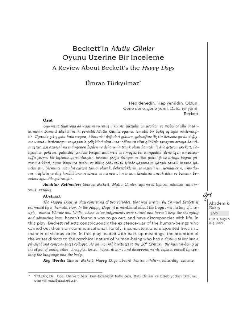 Beckett in Mutlu G Nler Oyunu Zerine Bir Nceleme (#86535) - 73993 | PDF
