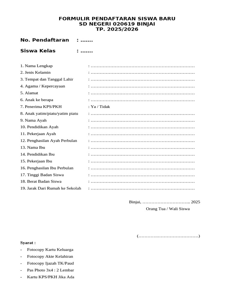 Formulir Pendaftaran Siswa Baru | PDF