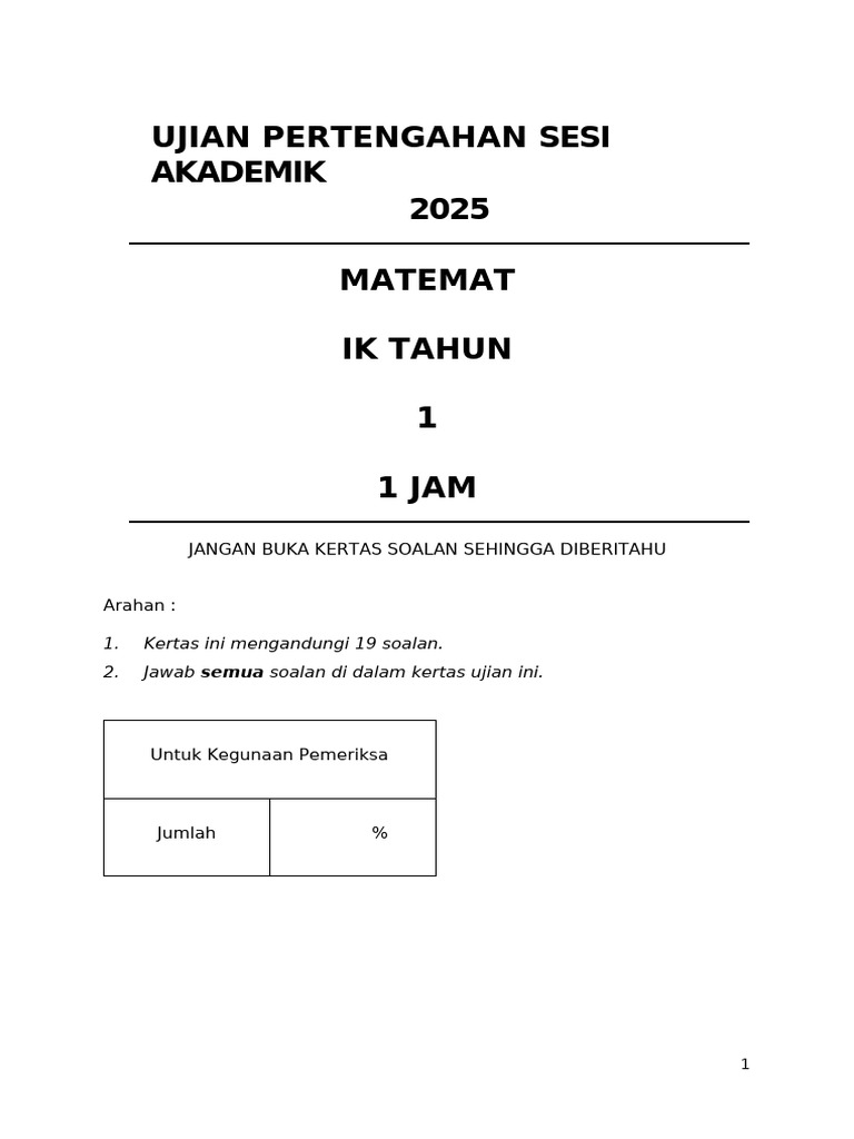 UPSA MATEMATIK TAHUN 1 2025 (BM) | PDF