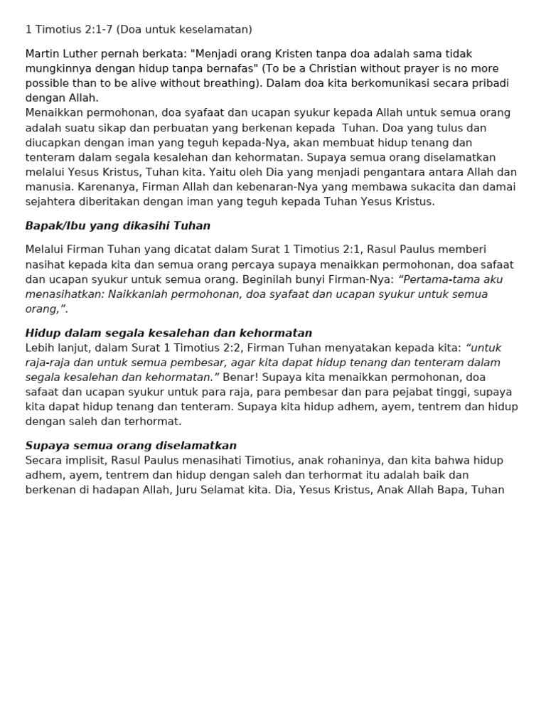 Doa dan Keselamatan dalam 1 Timotius 2:1-7 | PDF