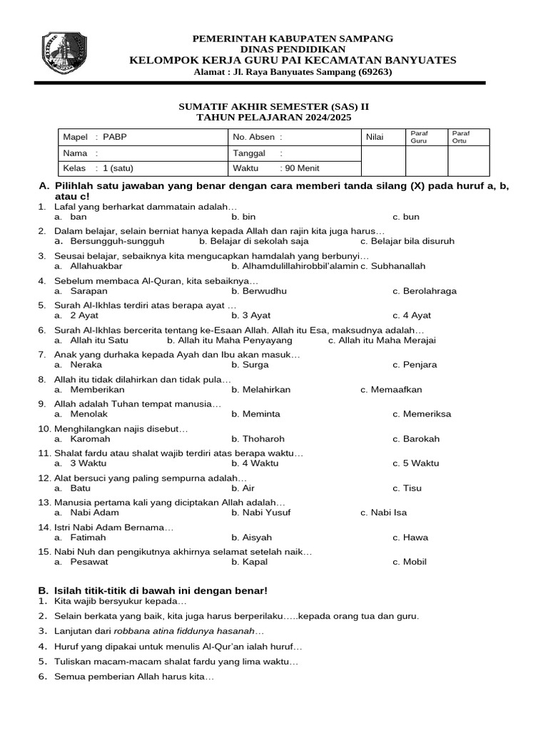 Soal Sas 2 Ta 2024-2025 Pabp Kelas 1 | PDF