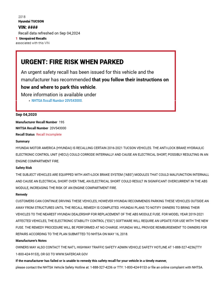 NHSTA Recall Hyundai TUCSON 2024 | PDF | Anti Lock Braking System ...