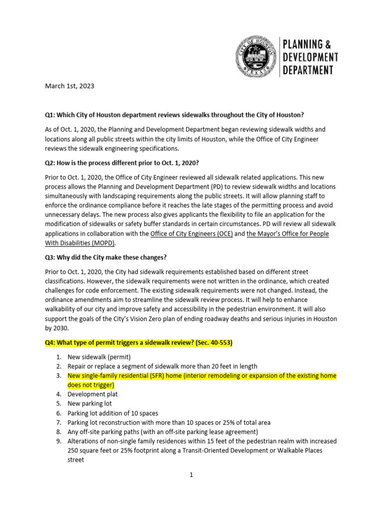 Sidewalk FAQ - City of Houston Planning and Development Dept | PDF ...
