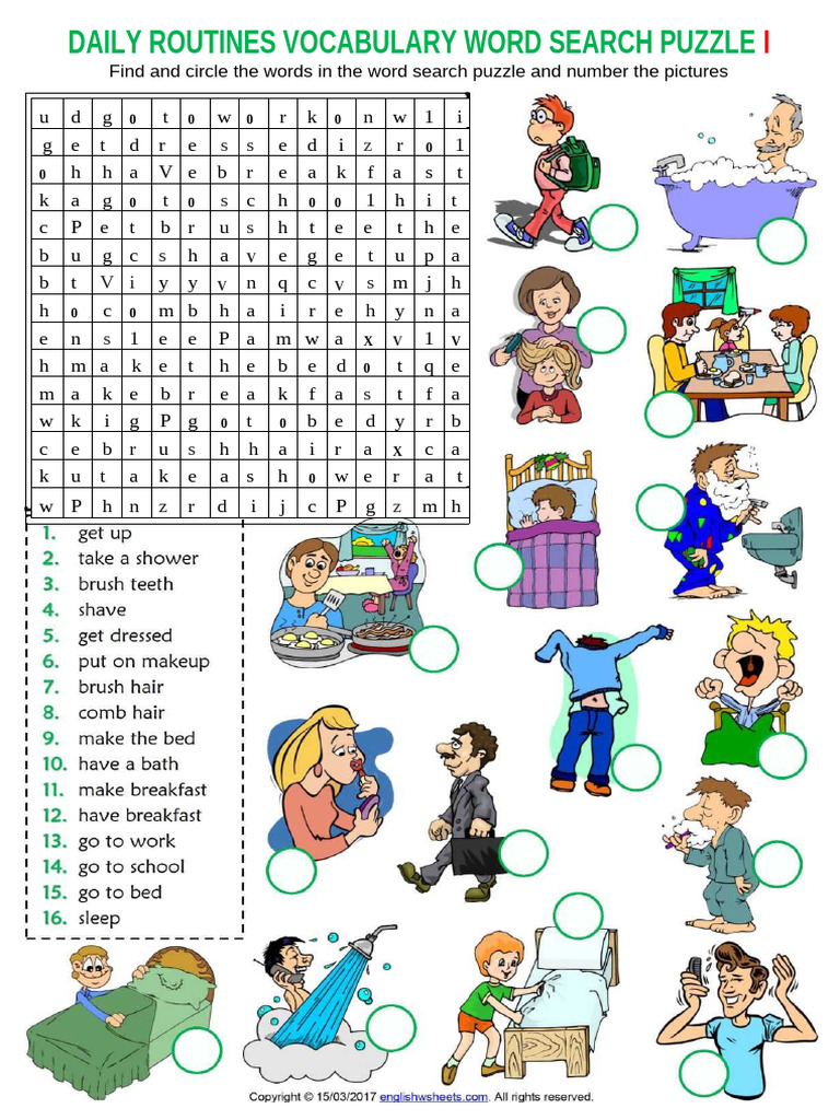 Daily Routines Vocabulary Esl Word Search Puzzle Worksheets For Kids ...