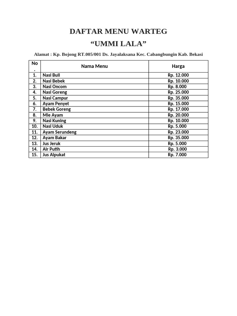 Daftar Menu dan Harga Warteg Ummi Lala | PDF
