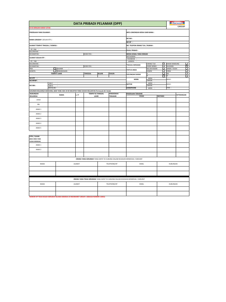 Contoh Data Pribadi Pelamar Indomaret | PDF