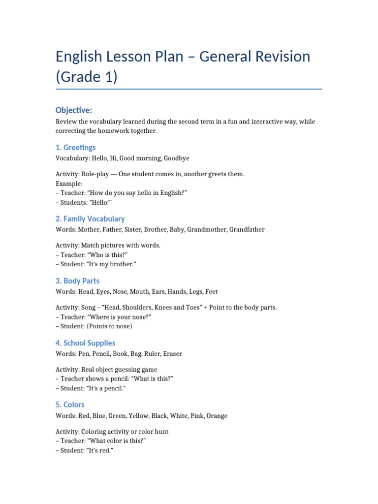 Grade1 English LessonPlan Revision | PDF