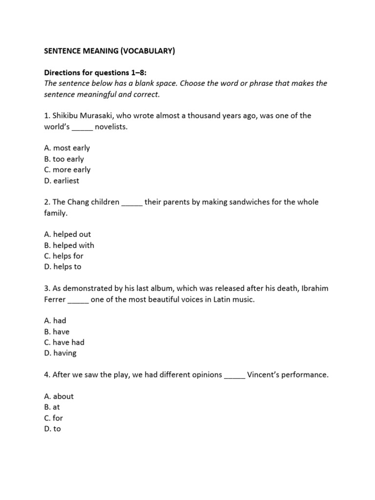 Vocabulary Sentence Completion Quiz | PDF