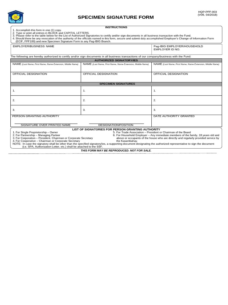 PFF003 SpecimenSignatureForm V06 | PDF | Signature | Business