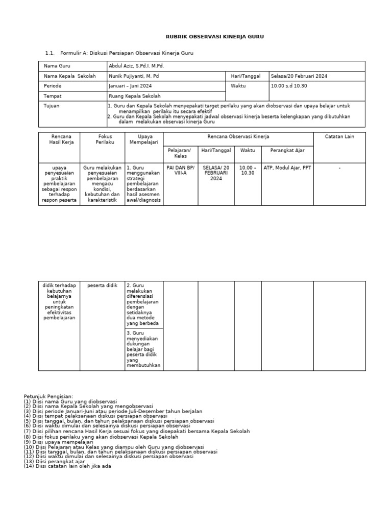 Formulir Pelaksanaan Observasi Kinerja Guru | PDF