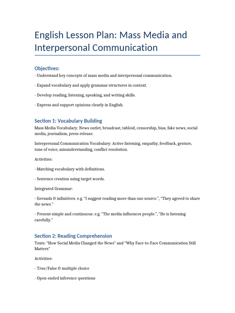 English Lesson Plan MassMedia Communication | PDF | Communication ...