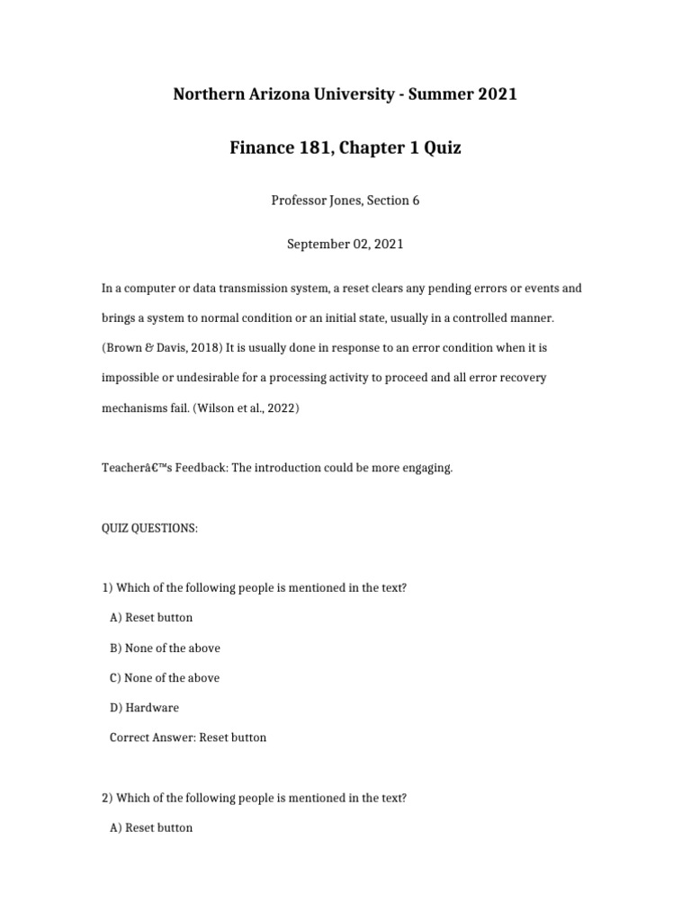 Finance 181 Chapter 1 Quiz | PDF