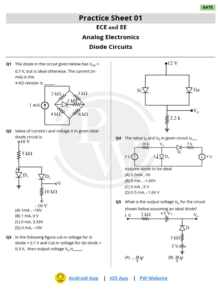 Diode Circuits - Practice Sheet 01 | PDF | Electrical Network | Diode