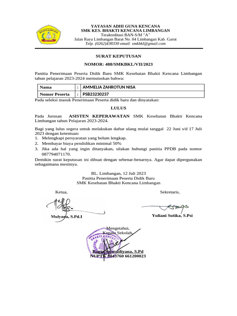 Surat Kelulusan PPDB 2023 | PDF