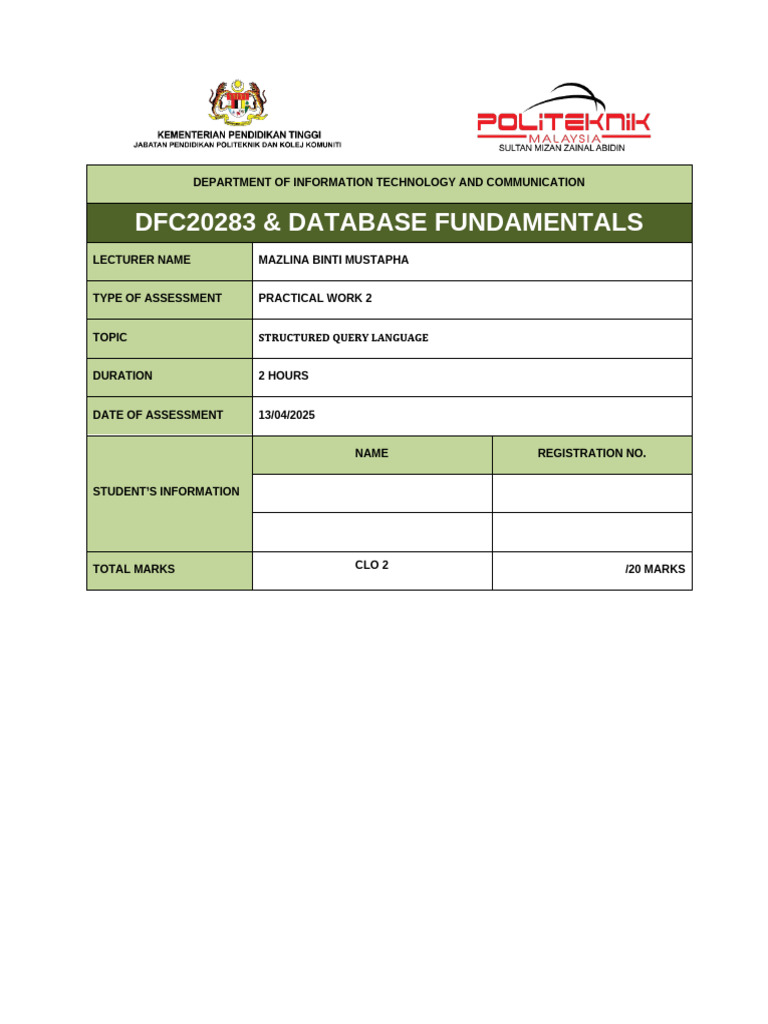 Dfc20283 DF Pw2 | PDF | Databases | Sql