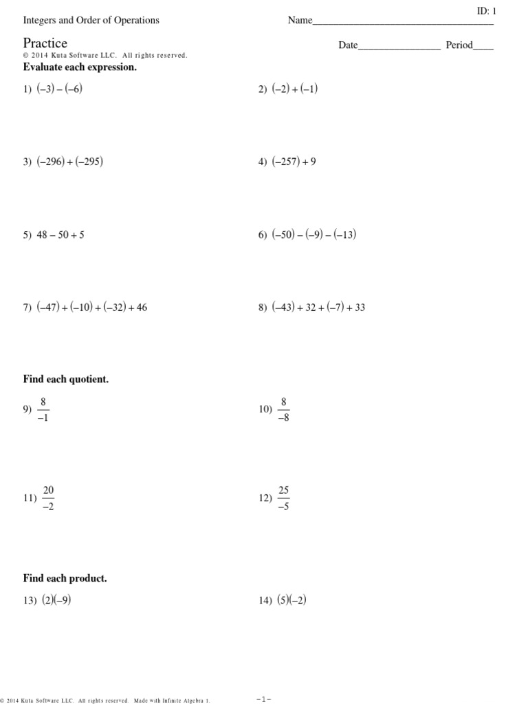 Integers and Order of Operations Practice | PDF | Mathematics ...