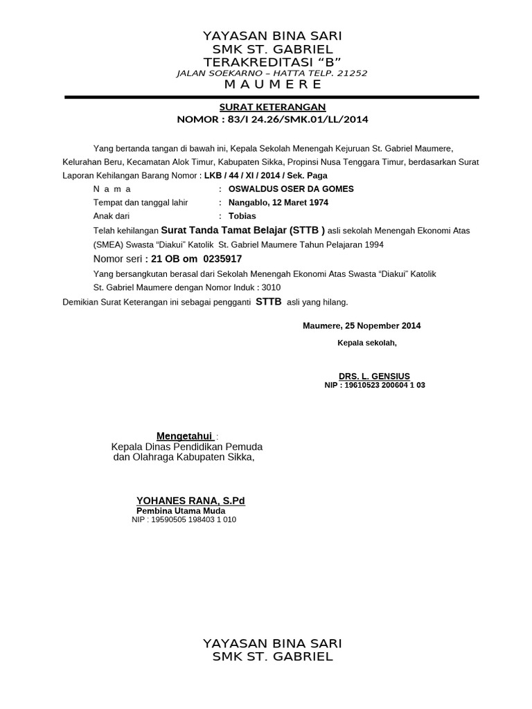 SURAT KETERANGAN PENGGANTI STTB | PDF