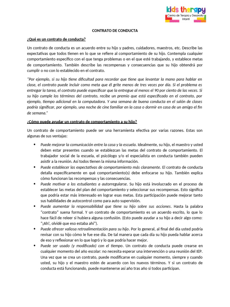 Contrato de Conducta Terapeutico para Sesiones | PDF | Comportamiento ...