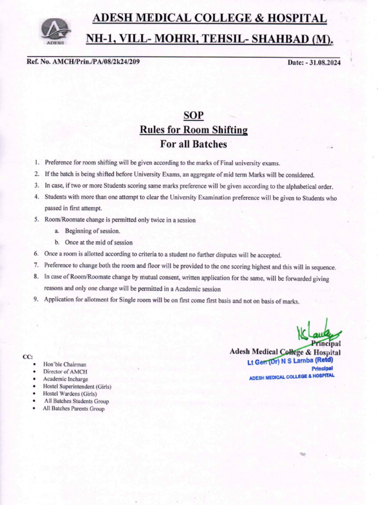 SOP Rules For Room Shifting For All Batches | PDF