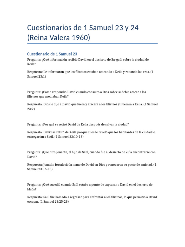 Cuestionarios 1 Samuel 23 24 | PDF
