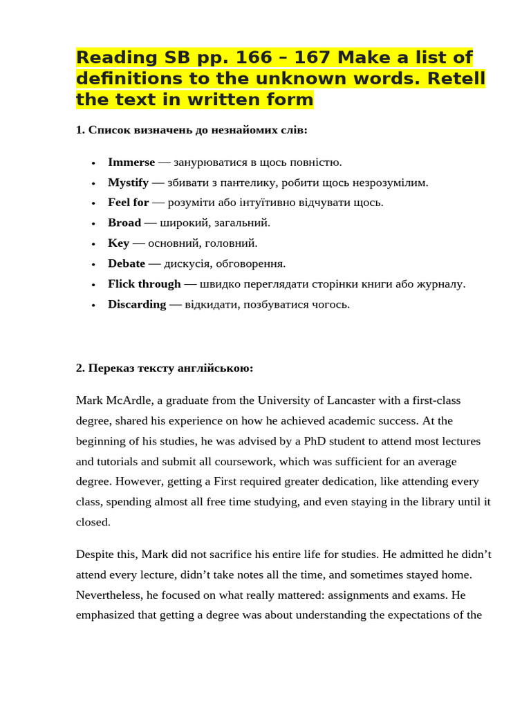 2! Reading SB Pp. 166 - 167 Make A List of Definitions To The Unknown Words. Retell The Text in ...