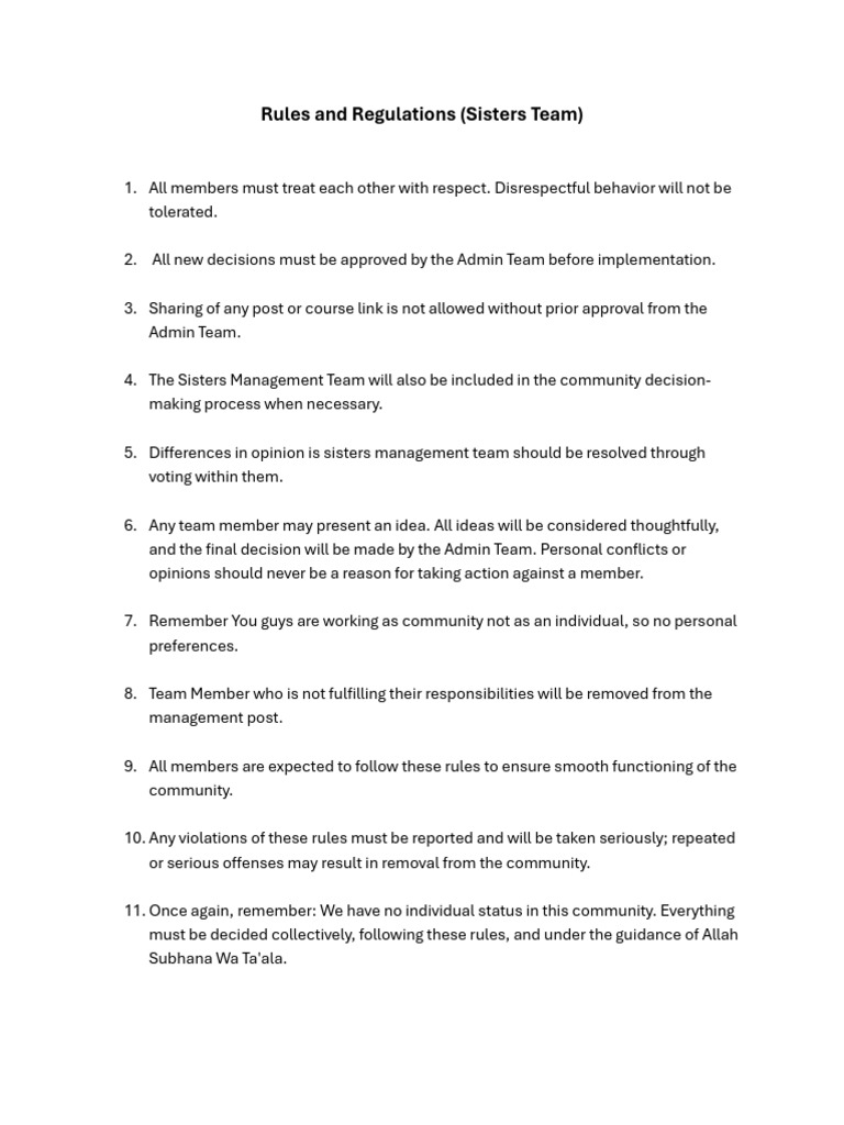 Rules and Regulations (Sisters Team) | PDF