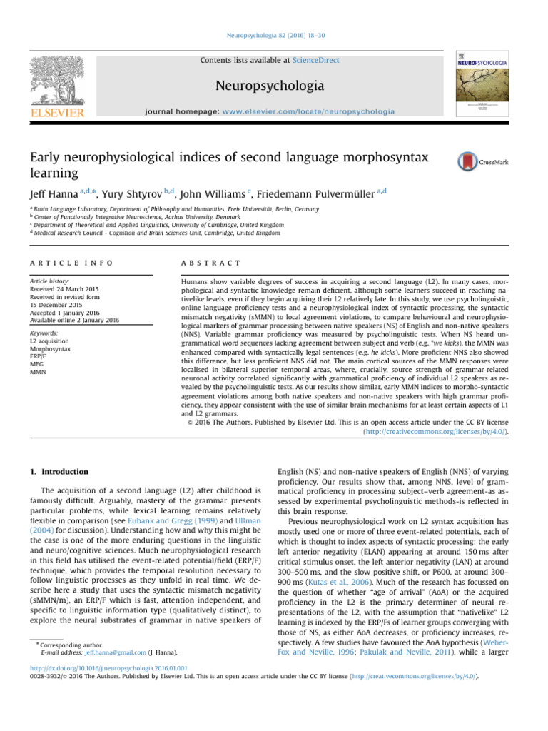 Early neurphysiological indices of second language morphosyntax learning | PDF | Second Language ...