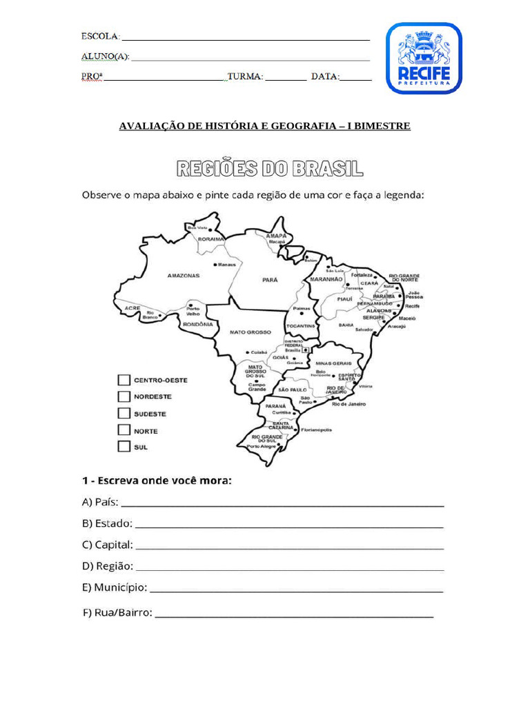 AVALIAÇÃO DE HISTÓRIA E GEOGRAFIA - 1º Bimestre (Modelo) | PDF