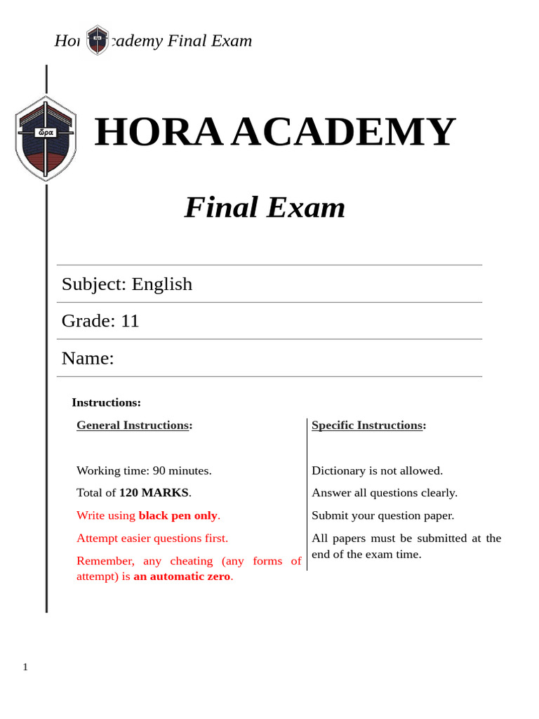 Hora Academy Grade 11 English Exam | PDF | Mars | Methane
