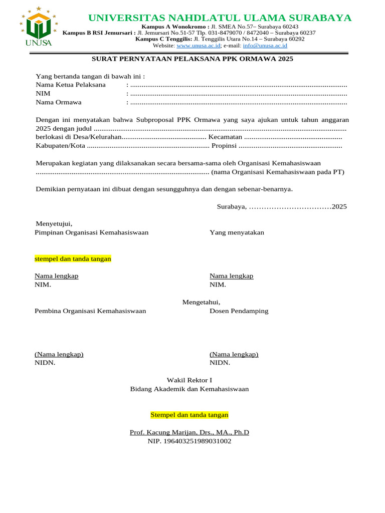 Surat Pernyataan Pelaksana PPK Ormawa 2025 | PDF