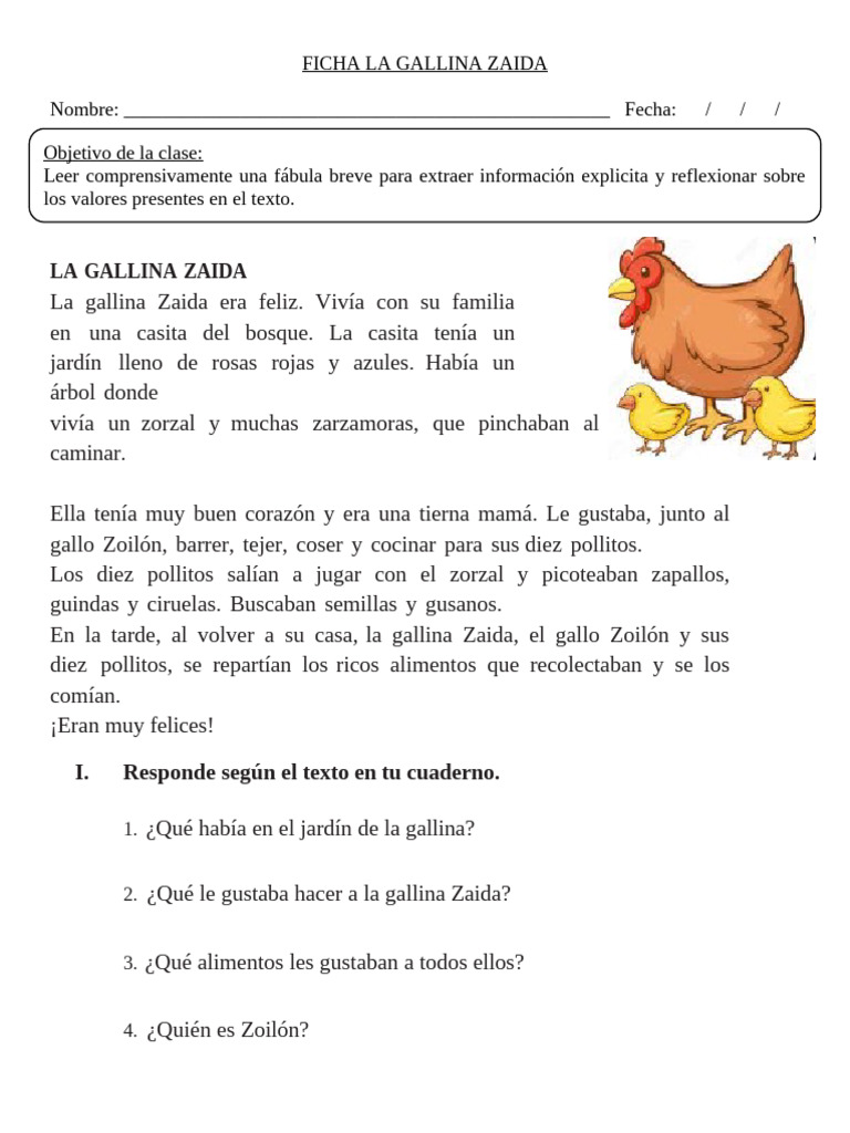 La Gallina Zaida: Cuento y Actividades | PDF