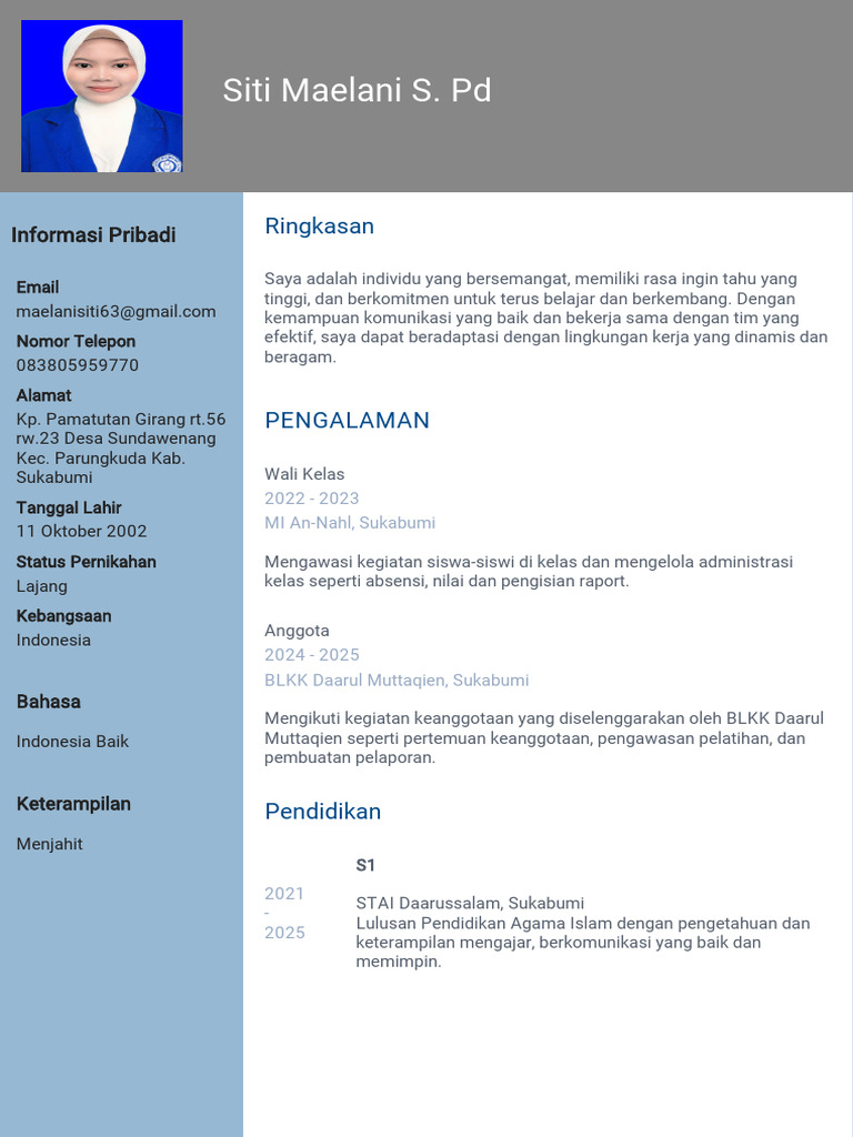 Profil Siti Maelani: Pendidikan & Keterampilan | PDF