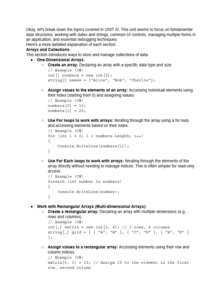 UNIT IV--Arrays and collections- one-dimensional a... (1) | PDF | C Sharp (Programming Language ...