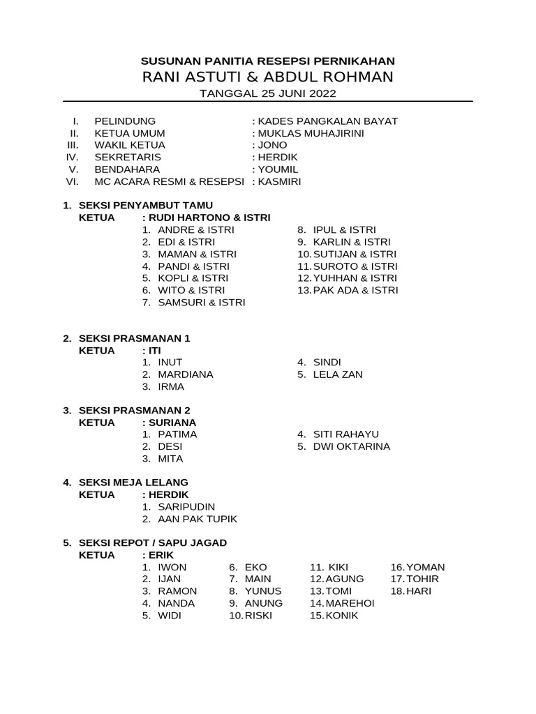 Susunan Panitia Resepsi Pernikahan | PDF
