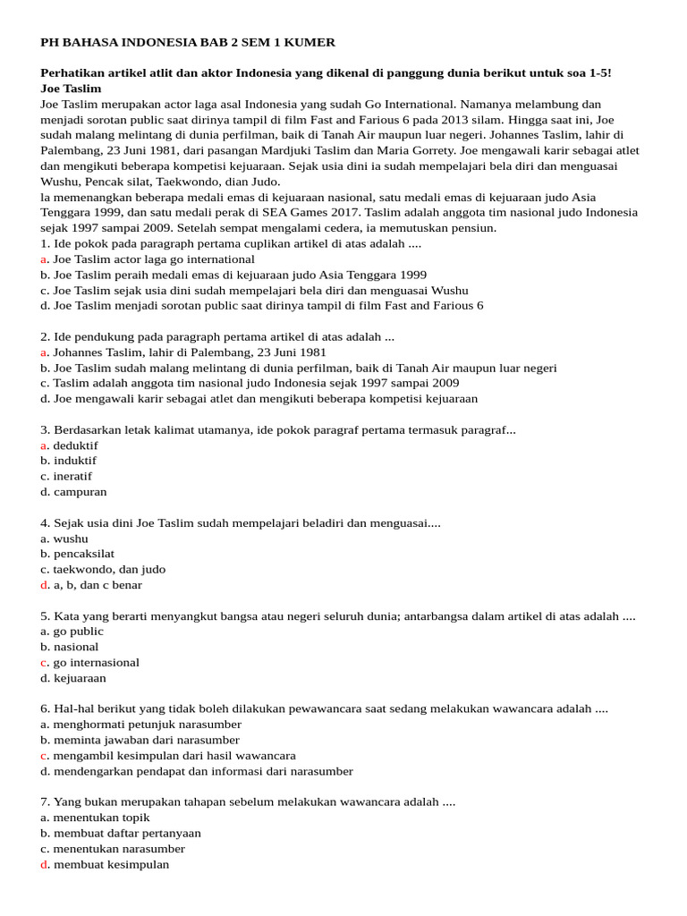 Latihan Bahasa Indonesia Bab 2 Sem 1 Kumer | PDF