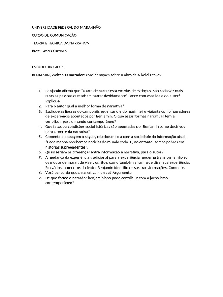 Estudo Dirigido_O Narrador | PDF