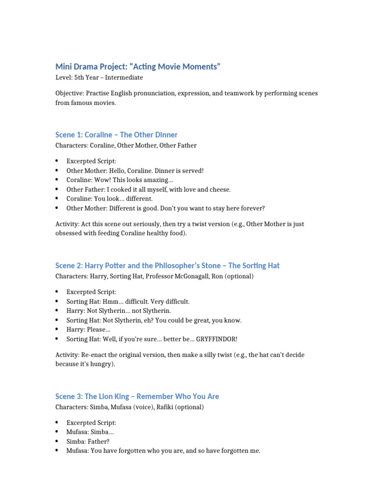 Mini Drama Project: Movie Scene Activities | PDF