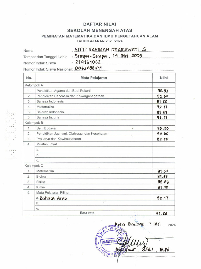 Daftar Nilai Sitti Rahma | PDF