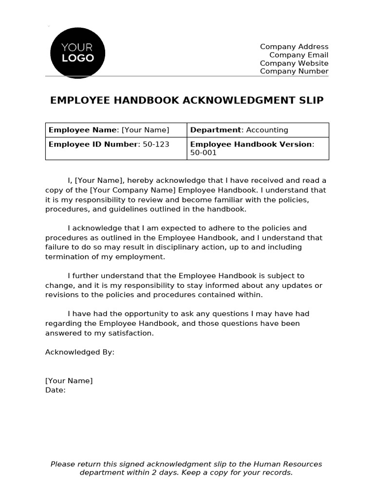 Employee Handbook Acknowledgment Slip Template | PDF
