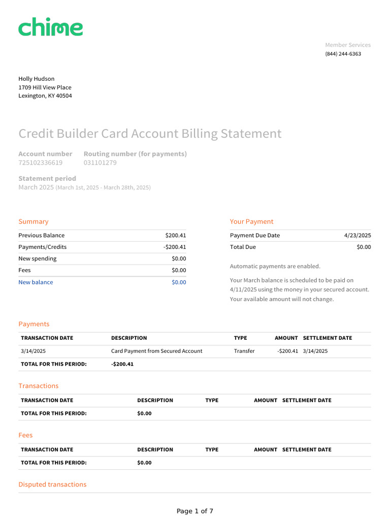 Chime Credit Statement March 2025 | PDF | Credit Card | Payments