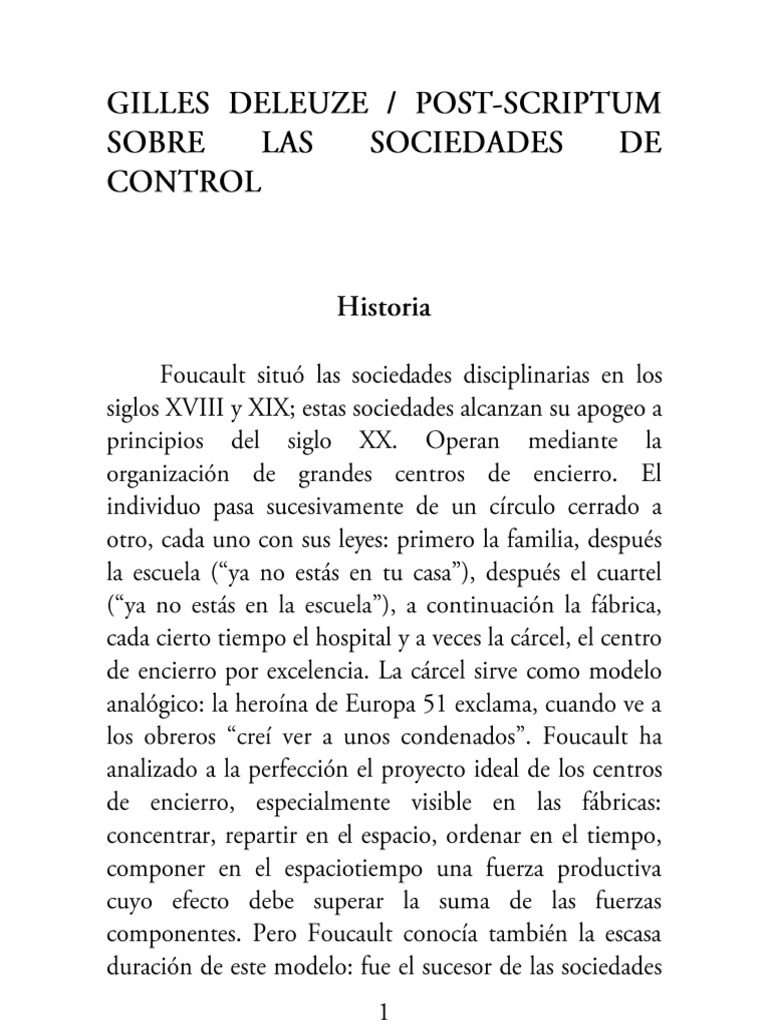Gilles Deleuze - Post-Scriptum Sobre Las Sociedades de Control | PDF